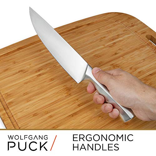 Wolfgang Puck 6-Piece Fully-Forged Stainless Steel Knife Set with Knife Block; Carbon Stainless Steel Blades and Ergonomic Handles; Blonde Wood Block with Acrylic Safety Shield; Chef Quality Cutlery