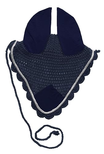 Crocheted Fly Hood Horse Ear Bonnet with Silver Metallic Piping Trim (Navy)