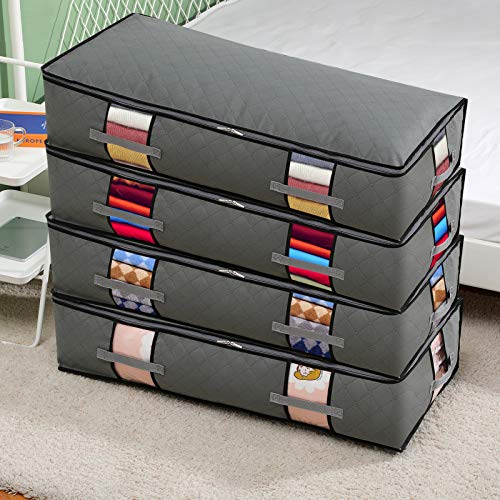 Extra-Large Under Bed Storage Bags [4 Pack]Thickened 3 Ply Fabric Under The Bed Storage Containers with Sturdy Handles Strong Zippers Breathable Organizer For Bedrooms,With Clear Window (4, gray)