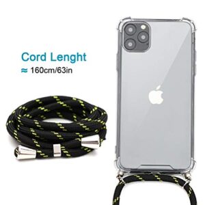 KAPUCTW Necklace Transparent Airbag Case for iPhone 12 Pro/iPhone 12 6.1"- Fashion Clear Cell Crossbody Phone Mobile Cover Holder with Cord Strap Neck Lanyard Protective Shock Bumper, Black Yellow