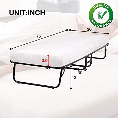 Folding Guest Bed Portable Camping Cot with Wheels,Portable Beds Frame Heavy Duty Extra Roll Away Foldaway 3.9 Inch Thick Memory Foam Mattress for Spare Bedroom & Office,L75 x W30 x H12 IN，White