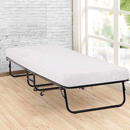 Folding Guest Bed Portable Camping Cot with Wheels,Portable Beds Frame Heavy Duty Extra Roll Away Foldaway 3.9 Inch Thick Memory Foam Mattress for Spare Bedroom & Office,L75 x W30 x H12 IN，White