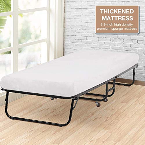 Folding Guest Bed Portable Camping Cot with Wheels,Portable Beds Frame Heavy Duty Extra Roll Away Foldaway 3.9 Inch Thick Memory Foam Mattress for Spare Bedroom & Office,L75 x W30 x H12 IN，White