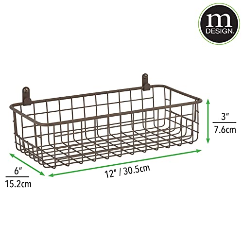 mDesign Wall Mount Metal Farmhouse Wall Decor Storage Organizer Basket Bin with Handles for Hanging in Entryway, Mudroom, Bedroom, Bathroom, Laundry Room - Wall Mount Hooks Included, 6" Wide - Bronze