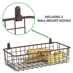 mDesign Wall Mount Metal Farmhouse Wall Decor Storage Organizer Basket Bin with Handles for Hanging in Entryway, Mudroom, Bedroom, Bathroom, Laundry Room - Wall Mount Hooks Included, 6" Wide - Bronze