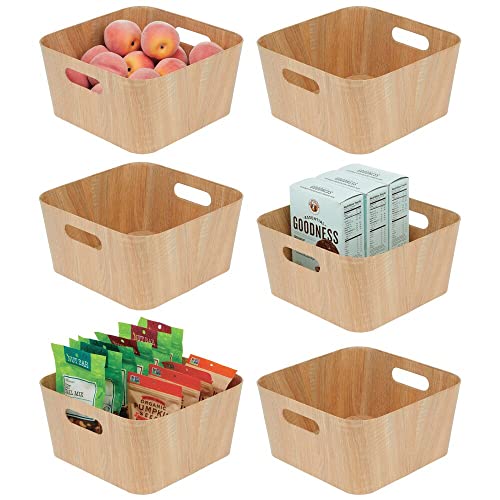 mDesign Wood Grain Paperboard Food Storage Container Bin Basket with Handles for Pantry - Organization Containers for Assorted Fruit, Vegetable, and Produce - 6 Pack - Natural/Tan