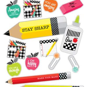 Schoolgirl Style Black, White and Stylish Supplies Bulletin Board Set?Notepad, Pencils, Pencil Pouches, Apple, Paper Clips, Scissors, Eraser, Glue Cutouts (23 pc)