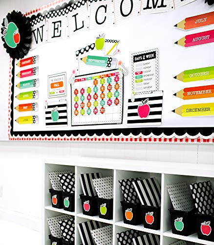 Schoolgirl Style Black, White and Stylish Supplies Bulletin Board Set?Notepad, Pencils, Pencil Pouches, Apple, Paper Clips, Scissors, Eraser, Glue Cutouts (23 pc)