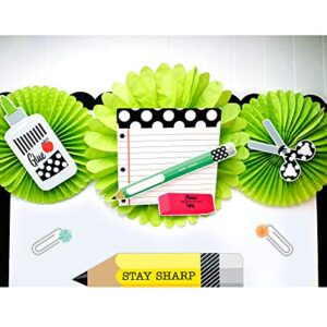 Schoolgirl Style Black, White and Stylish Supplies Bulletin Board Set?Notepad, Pencils, Pencil Pouches, Apple, Paper Clips, Scissors, Eraser, Glue Cutouts (23 pc)