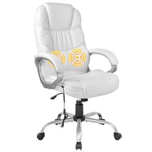 home ergonomic office chair massage comfortable desk chair rolling swivel computer chair with lumbar support headrest armrest high back task chair pu leather executive chair for men adults(white)