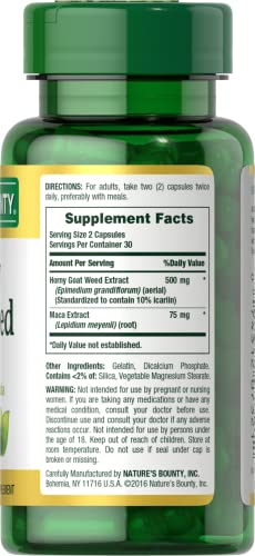 Nature's Bounty Horny Goat Weed w/Maca,Dietary Supplement, 60 Capsules, Gelatin, Dicalcium Phosphate, Vegetable Magnesium Stearate, Silica