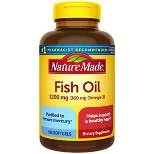 nature made fish oil 1200 mg softgels, fish oil supplements, omega 3 fish oil for healthy heart support, omega 3 supplement with 100 softgels, 50 day supply