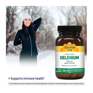 Country Life Selenium, Yeast Free, Supports Immune Health, 100mcg, 180 Tablets, Certified Gluten Free, Certified Vegan, Certified Halal