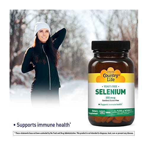 Country Life Selenium, Yeast Free, Supports Immune Health, 100mcg, 180 Tablets, Certified Gluten Free, Certified Vegan, Certified Halal