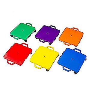 cosom scooter board set, 12 inch children's sit & scoot board with 2 inch non-marring metal casters & safety guards for physical education class, sliding boards with safety handles, 6 colors