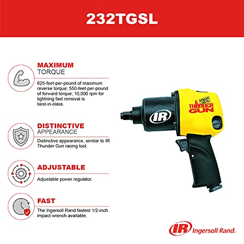 Ingersoll Rand 232TGSL 1/2" Thunder Gun, Fastest Air Impact Wrench, 625 ft lbs Max Reverse Torque, 550 ft lbs Forward Torque, 10,000 RPM, Adjustable Power Regulator