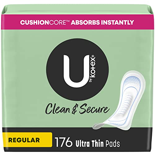 U by Kotex Clean & Secure Ultra Thin Pads, Regular Absorbency, 176 Count (4 Packs of 44) (Packaging May Vary)