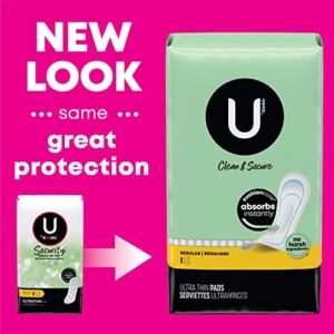 U by Kotex Clean & Secure Ultra Thin Pads, Regular Absorbency, 176 Count (4 Packs of 44) (Packaging May Vary)