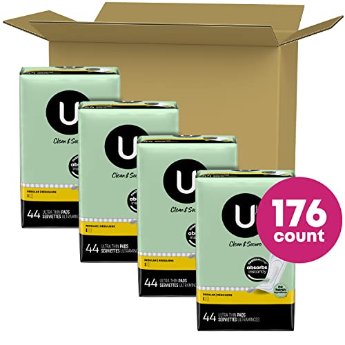 U by Kotex Clean & Secure Ultra Thin Pads, Regular Absorbency, 176 Count (4 Packs of 44) (Packaging May Vary)