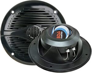 boss audio systems mr50b 5.25 inch marine stereo boat speakers - 150 watts (pair), 2 way, full range audio, tweeters, coaxial, weatherproof, sold in pairs