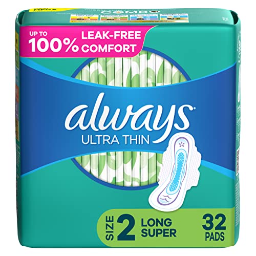 Always Ultra Thin Size 2 Super Pads With Wings Unscented, 32 Count (Pack of 1)