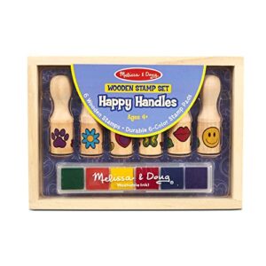 melissa & doug happy handles wooden stamp set: 6 stamps and 6-color stamp pad - kids stamp packs with washable ink, easy to hold stampers for kids ages 4+