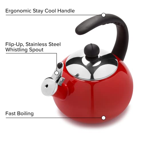 Farberware Luna Water Kettle, Whistling Tea Pot, Works For All Stovetops, Porcelain Enamel on Carbon Steel, BPA-Free, Rust-Proof, Stay Cool Handle, 2.5qt (10 Cups) Capacity (Red)