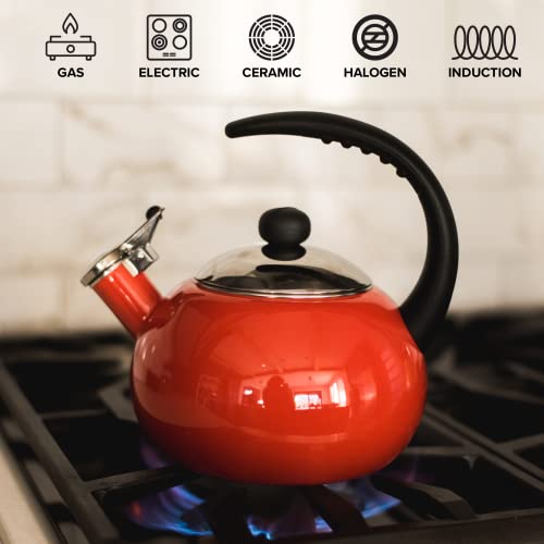 Farberware Luna Water Kettle, Whistling Tea Pot, Works For All Stovetops, Porcelain Enamel on Carbon Steel, BPA-Free, Rust-Proof, Stay Cool Handle, 2.5qt (10 Cups) Capacity (Red)