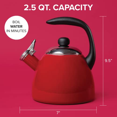 Farberware Bella Water Kettle, Whistling Tea Pot, Works For All Stovetops, Porcelain Enamel on Carbon Steel, BPA-Free, Rust-Proof, Stay Cool Handle, 2.5qt (10 Cups) Capacity (Garnet)