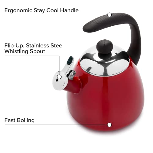 Farberware Bella Water Kettle, Whistling Tea Pot, Works For All Stovetops, Porcelain Enamel on Carbon Steel, BPA-Free, Rust-Proof, Stay Cool Handle, 2.5qt (10 Cups) Capacity (Garnet)