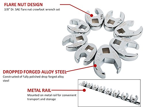 Sunex 9708 3/8-Inch Drive Fractional Crowfoot Flare Nut Wrench Set, 3/8-Inch - 7/8-Inch, Fully Polished, 8-Piece