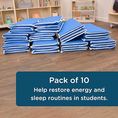 Children's Factory - CF400-052 1" Tough Duty Folding Blue Rest Mat for Toddlers & Kids, 4-Fold Daycare Sleeping Floor Mat, Portable Foam Napping Mats, 10 Pack