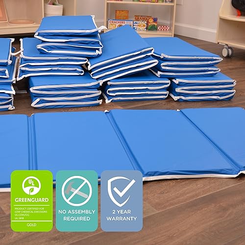 Children's Factory - CF400-052 1" Tough Duty Folding Blue Rest Mat for Toddlers & Kids, 4-Fold Daycare Sleeping Floor Mat, Portable Foam Napping Mats, 10 Pack