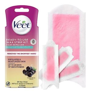 veet wax strips hair removal kit for face, underarms, bikini, dermatologically tested, 20ct wax strips, 2 sizes with shea butter & 4ct wipes for at home waxing