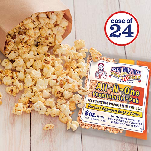 GREAT NORTHERN POPCORN COMPANY - Popcorn Packs, Pre-Measured, Movie Theater Style, All-in-One Kernel, Salt, Oil Packets for Popcorn Machines, 8 Ounce (Pack of 24)