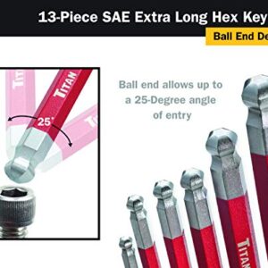 Titan 12713 Extra-Long Arm Ball Tip SAE Hex Key Set, 13 Piece , Red