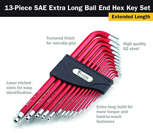 Titan 12713 Extra-Long Arm Ball Tip SAE Hex Key Set, 13 Piece , Red