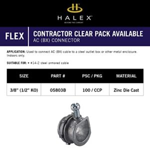 Halex – 3/8 Inch Flexible Metal Conduit (FMC) AC (BX) Connectors– 05803B – 100 Per Pack – Silver