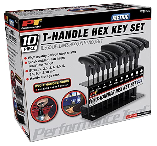 Performance Tool W80275 10-Piece Metric T-Handle Allen Wrench Set, Long Arm Hex Key Wrench Set