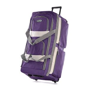 olympia 22 inch 8 pocket rolling polyester duffel luggage bag suitcase with push button hide away retractable handle, dark lavender