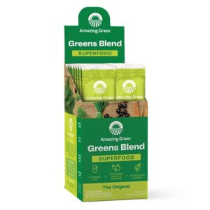 amazing grass greens blend superfood: super greens powder smoothie mix with organic spirulina, chlorella, beet root powder, prebiotics & probiotics, original, 15 servings (packaging may vary)