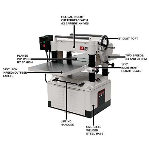 JET JWP-208HH, 20-Inch Planer, Helical Head, 230V 1PH, 5HP (708544)