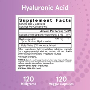 Jarrow Formulas Hyaluronic Acid 120 mg - 120 Veggie Caps - 60 Servings - Bioavailable & Naturally Derived - Supports Skin Health -Hyaluronic Acid - Dietary Supplement - Vegan - Non-GMO