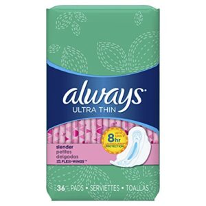 always ultra thin feminine pads for women, slender flexiwings, 36 count