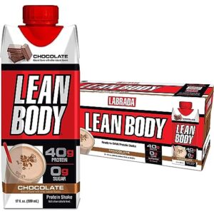 lean body ready-to-drink chocolate protein shake, 40g protein, whey blend, 0 sugar, gluten free, 22 vitamins & minerals, labrada, 17 fl oz (pack of 12)