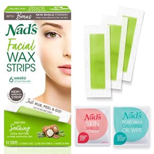 nad's facial wax strips - facial hair removal for women - waxing kit with 48 face wax strips + 8 calming oil wipes + skin protection powder