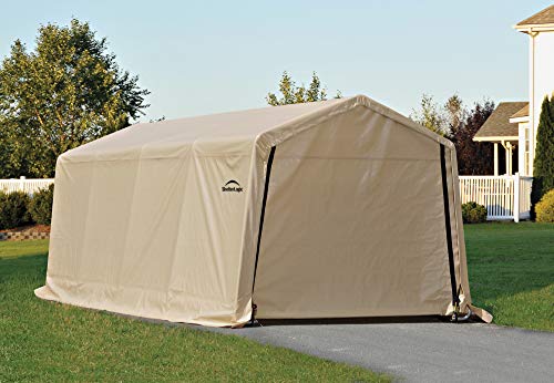 ShelterLogic 10' x 20' x 8' Peak Style Roof Instant Garage Carport Car Canopy with Steel Frame and Waterproof UV-Treated Cover, Sandstone