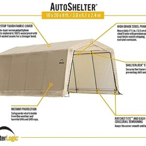 ShelterLogic 10' x 20' x 8' Peak Style Roof Instant Garage Carport Car Canopy with Steel Frame and Waterproof UV-Treated Cover, Sandstone