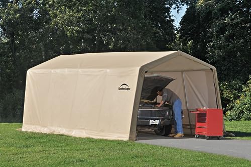 ShelterLogic 10' x 20' x 8' Peak Style Roof Instant Garage Carport Car Canopy with Steel Frame and Waterproof UV-Treated Cover, Sandstone