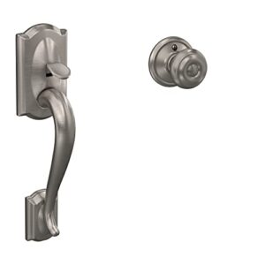 schlage fe285 cam 619 geo camelot front entry handleset with georgian knob, lower half grip, satin nickel